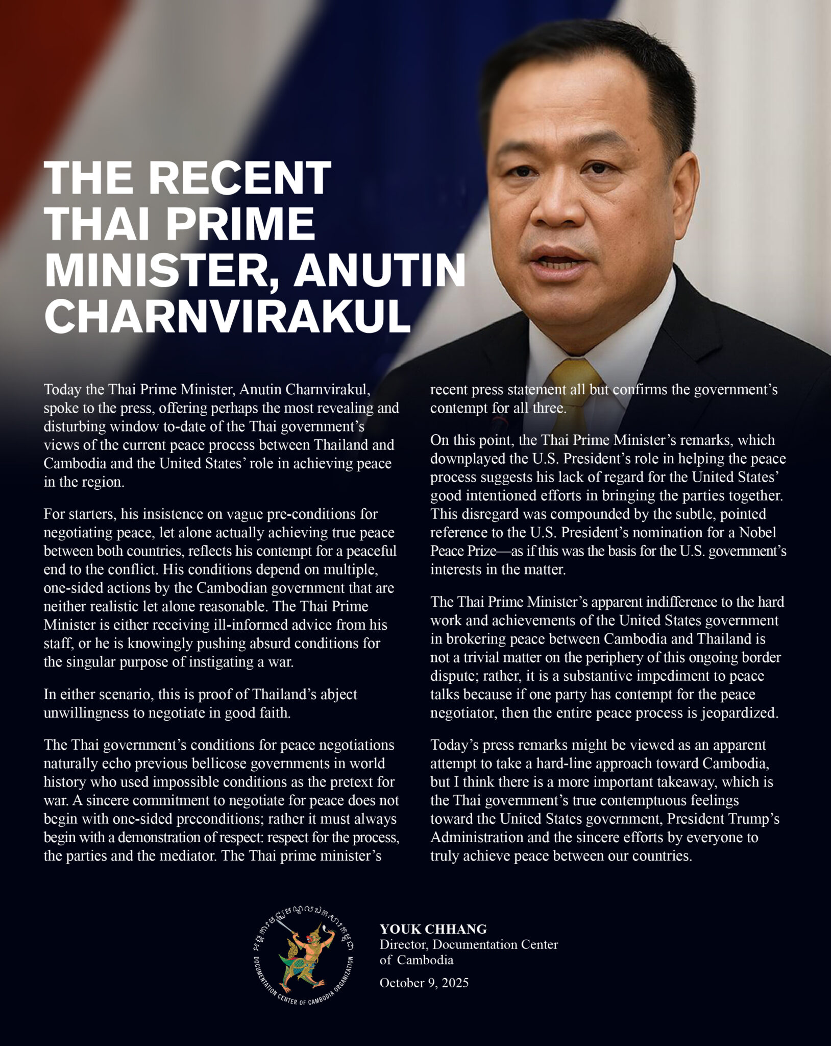 THE RECENT THAI PRIME MINISTER, ANUTIN CHARNVIRAKUL, October 9, 2025 – Documentation Center of ...