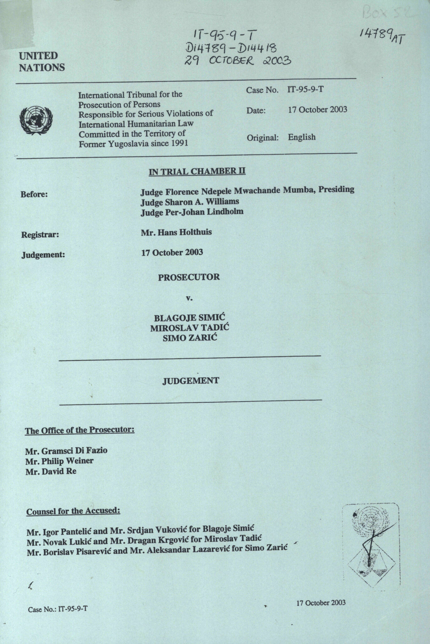 In Trial Chamber II: Prosecutor V. Blagoje – Simic Muroslav Tadic ...